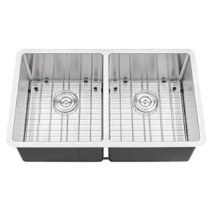 CozyBlock 32 in. x 19 in. x 10 in. 16-Gauge Stainless Steel Undermount 50/50 Double Bowl Kitchen Sink with Bottom Grid, Silicon Dishrack, Pot Mat and Strainer