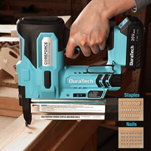 DURATECH 20V Cordless Brad Nailer, 18 Gauge, 2-in-1 Nail/Staple Gun for Upholstery, Carpentry, Including 2.0Ah Rechargeable Battery, 1H Quick Charger, 1000 Staples, 1000 Nails and Carrying Case