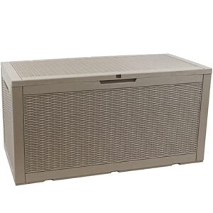 sunnydaze 100-gallon faux rattan outdoor deck storage box - lockable lid and side handles - driftwood