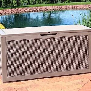 Sunnydaze 100-Gallon Faux Rattan Outdoor Deck Storage Box - Lockable Lid and Side Handles - Driftwood