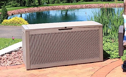 Sunnydaze 100-Gallon Faux Rattan Outdoor Deck Storage Box - Lockable Lid and Side Handles - Driftwood