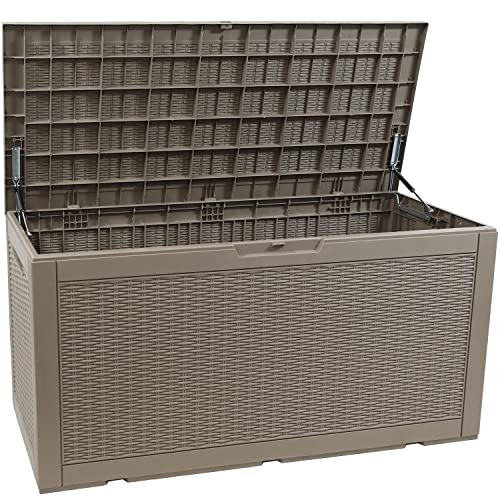 Sunnydaze 100-Gallon Faux Rattan Outdoor Deck Storage Box - Lockable Lid and Side Handles - Driftwood