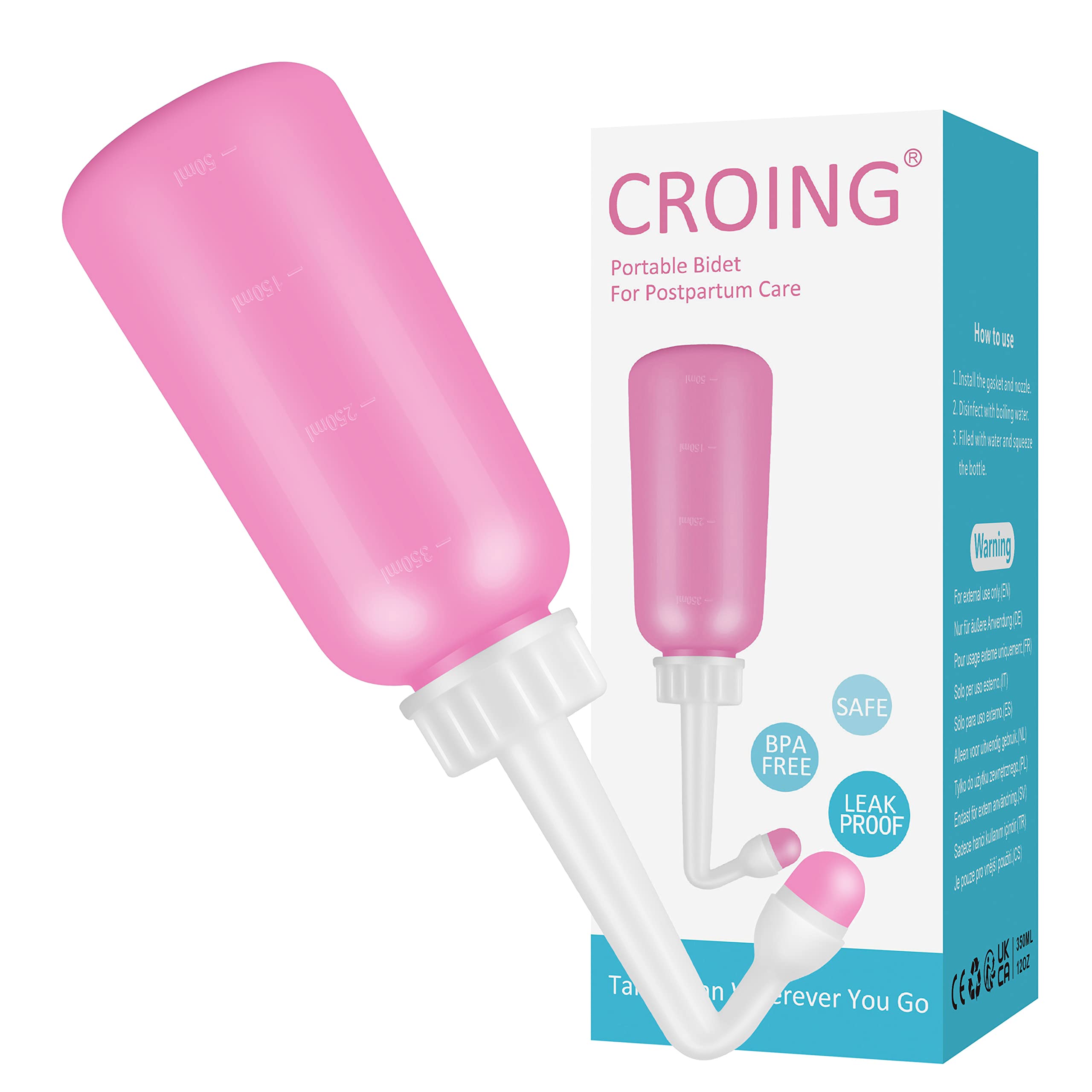 Croing 𝙩𝙧𝙖𝙫𝙚𝙡 𝙗𝙞𝙙𝙚𝙩 Portable Bidet with Cap for Travel - The Easy Bidet for Postpartum Care (Pink 350ML)