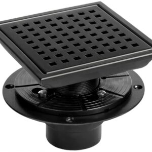 Wuhe 6-Inch Square Shower Drain with Flange,SUS304 Stainless Steel Shower Floor Drain with Removable Strainers and Cover Grid Grate,ABS Shower Drain Base and Rubber Threaded Adapter,Matte Black