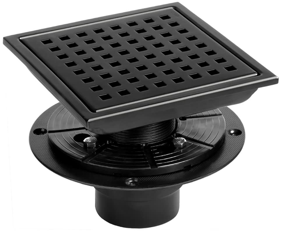 Wuhe 6-Inch Square Shower Drain with Flange,SUS304 Stainless Steel Shower Floor Drain with Removable Strainers and Cover Grid Grate,ABS Shower Drain Base and Rubber Threaded Adapter,Matte Black