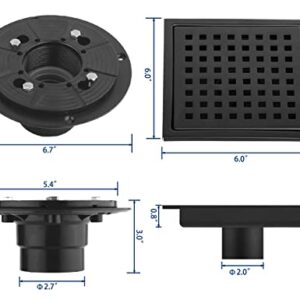 Wuhe 6-Inch Square Shower Drain with Flange,SUS304 Stainless Steel Shower Floor Drain with Removable Strainers and Cover Grid Grate,ABS Shower Drain Base and Rubber Threaded Adapter,Matte Black