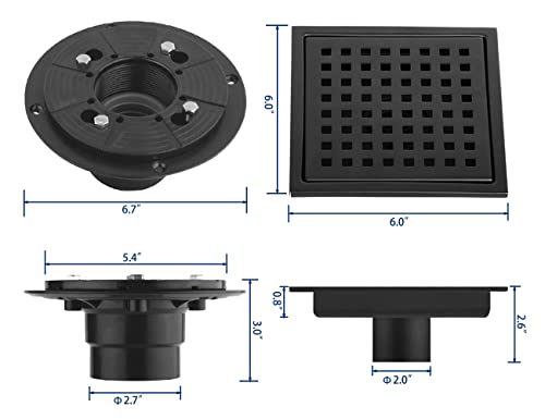 Wuhe 6-Inch Square Shower Drain with Flange,SUS304 Stainless Steel Shower Floor Drain with Removable Strainers and Cover Grid Grate,ABS Shower Drain Base and Rubber Threaded Adapter,Matte Black