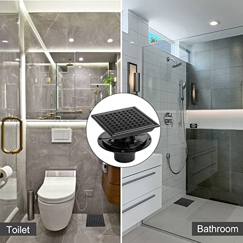 Wuhe 6-Inch Square Shower Drain with Flange,SUS304 Stainless Steel Shower Floor Drain with Removable Strainers and Cover Grid Grate,ABS Shower Drain Base and Rubber Threaded Adapter,Matte Black