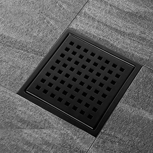 Wuhe 6-Inch Square Shower Drain with Flange,SUS304 Stainless Steel Shower Floor Drain with Removable Strainers and Cover Grid Grate,ABS Shower Drain Base and Rubber Threaded Adapter,Matte Black