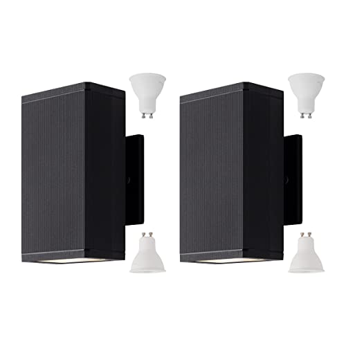 mirrea 8in Modern Outdoor Patio Light with 2 5W LED GU10 Replaceable Bulbs in Matte Black Rectangular Aluminum Sconce Up and Down Outside Porch Light Pack of 2