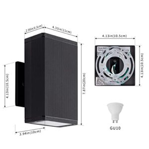 mirrea 8in Modern Outdoor Patio Light with 2 5W LED GU10 Replaceable Bulbs in Matte Black Rectangular Aluminum Sconce Up and Down Outside Porch Light Pack of 2