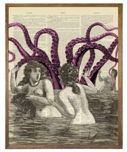 purple tentacles retro steampunk wall art - pirate mermaid pictures for wall - vintage angry octopus wall decor - nautical poster print bathroom bedroom - unique kraken for guest bath lovecraft gifts