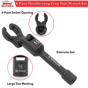 BILITOOLS Long Flex Head Crows Foot Line Wrench Set, 3/8" Drive Injector Fuel Line Crowfoot Flare Nut Socket Wrench Metric 12-19 mm