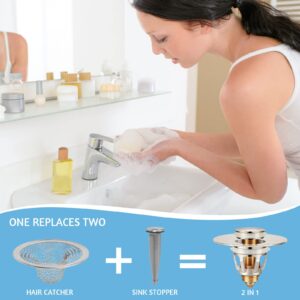 Bathroom Sink Stoppers Brushed Nickel，Pop Up Drain Stopper for Bathroom Sink，‎2-in-1 Sink Stopper & Strainer,Universal Wash Basin Sink Stopper，for 1.1"~1.5" Bathroom Sink Drain Pipe（Brushed Nickel）