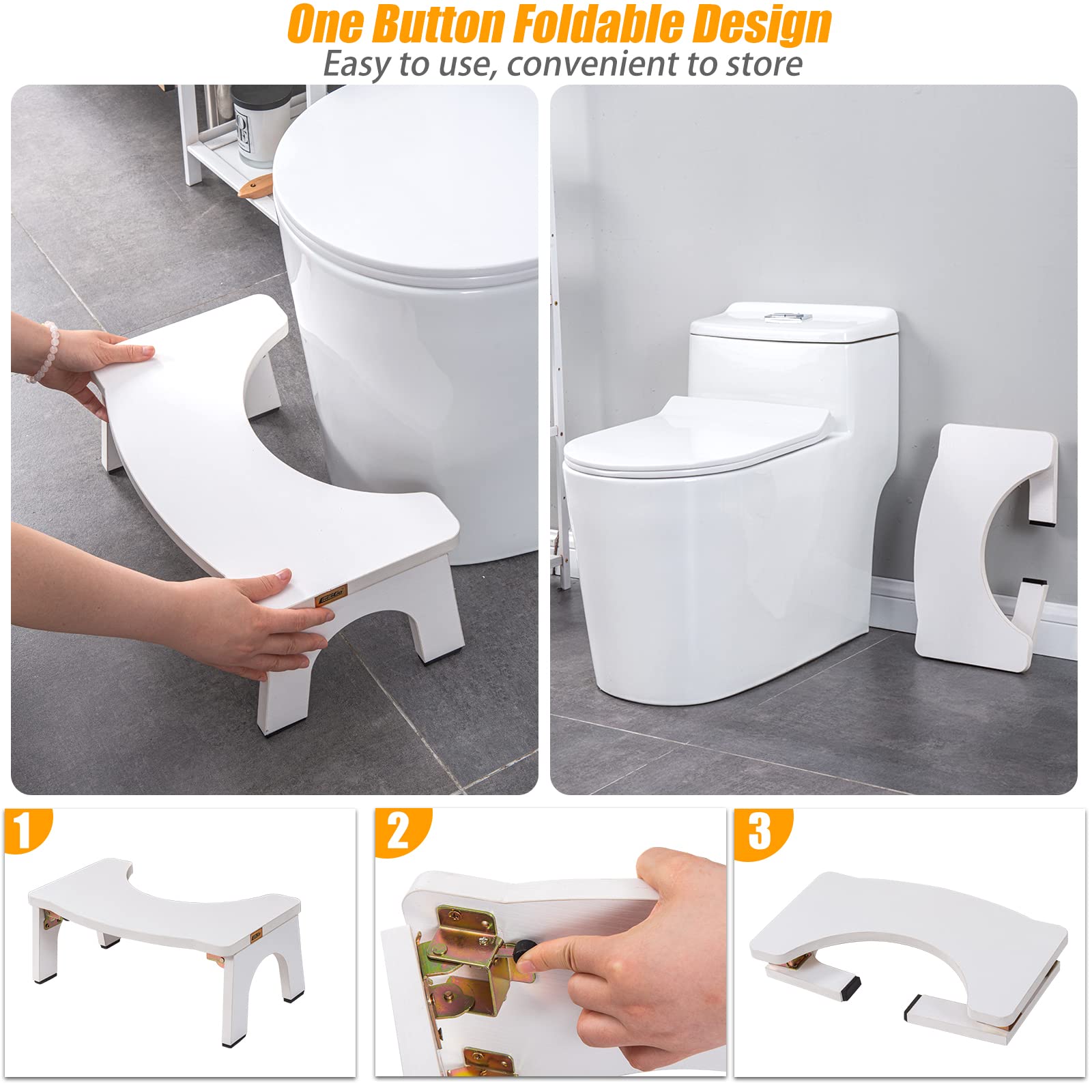 Toilet Stool Wood, Foldable Poop Stool for Adults, 7" Squatting Potty Stool Extra Sturdy & Wide Wooden Toilet Squat Step Stool with Anti-Slip Feet by CHEAGO,380 lbs Pure White