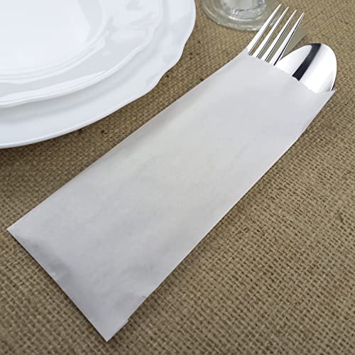 White Kraft Paper Silverware Bags - Utensil Holders For DIY Wedding Rehearsal Dinner or Engagement Barbeque - Silverware Holder Bag - Pocket Sleeves - Flat 2.8" x 7.5" - Pack of 50