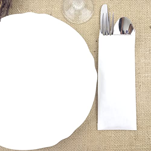 White Kraft Paper Silverware Bags - Utensil Holders For DIY Wedding Rehearsal Dinner or Engagement Barbeque - Silverware Holder Bag - Pocket Sleeves - Flat 2.8" x 7.5" - Pack of 50