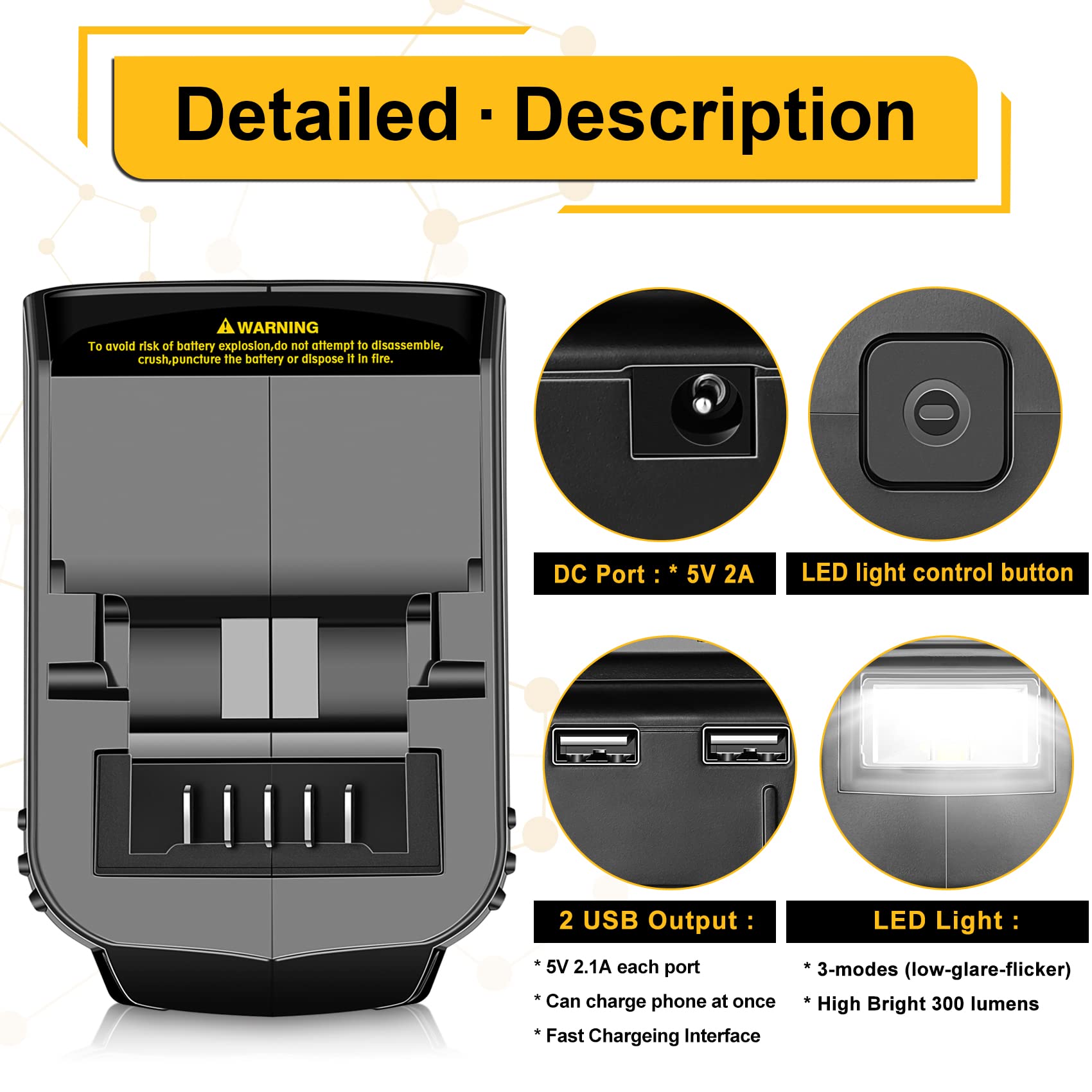 DSANKE USB Adapter Charger for Dewalt 20V Battery, Dual USB Charger & 12V DC Port & LED Work Light - Replacement for Dewalt DCB090,Compatible with All Dewalt 20V Battery DCB200 DCB206 DCB609 DCB606