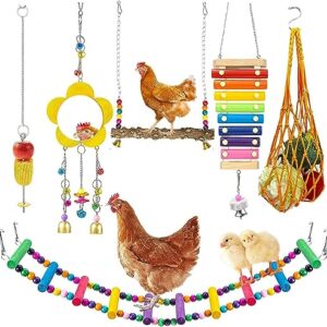 Longer Chain Chicken Toys for Coop Accessories 7PCS, Chicken Swing Ladder Perch roosts, Chicken Xylophone Mirror with Bells Vegetable Fruits Hanging Chicken Feeder for hens Bird Parrot