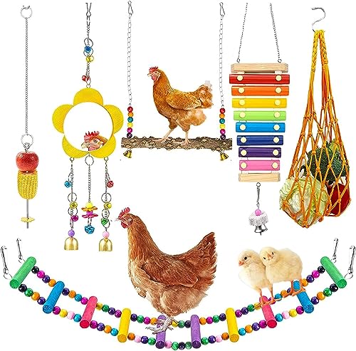 Longer Chain Chicken Toys for Coop Accessories 7PCS, Chicken Swing Ladder Perch roosts, Chicken Xylophone Mirror with Bells Vegetable Fruits Hanging Chicken Feeder for hens Bird Parrot