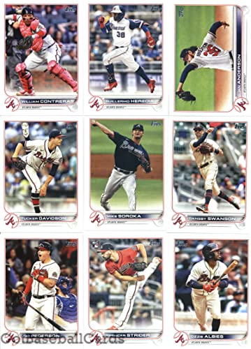 2022 Topps Series 2 Atlanta Braves Team Set of 10 Cards: Swanson/Albies(#342), Ozzie Albies(#401), Dansby Swanson(#507), Spencer Strider(#509), Mike Soroka(#527), Joc Pederson(#528), Guillermo Heredia(#610), Ian Anderson(#615), Tucker Davidson(#624), Will