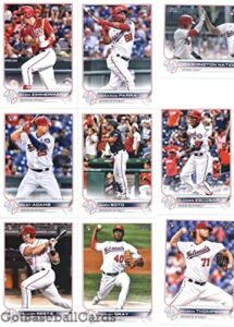 2022 topps complete (series 1 & 2) washington nationals team set of 19 cards: mason thompson(#38), josiah gray(#43), jakson reetz(#61), alcides escobar(#116), juan soto(#150), riley adams(#158), washington nationals(#218), gerardo parra(#220), ryan zimmer