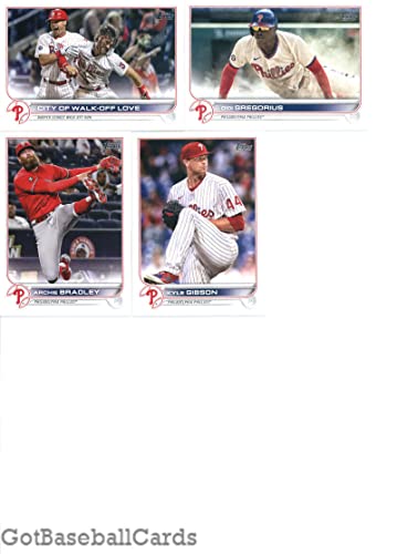 2022 Topps Complete (Series 1 & 2) Philadelphia Phillies Team Set of 24 Cards: Archie Bradley(#10), Didi Gregorius(#44), Kyle Gibson(#57), Luke Williams(#62), Freddy Galvis(#67), Ian Kennedy(#102), Jean Segura(#178), Zach Eflin(#179), J.T. Realmuto(#180),