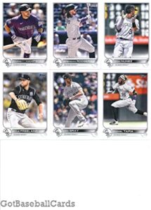 2022 topps complete (series 1 & 2) colorado rockies team set of 20 cards: raimel tapia(#46), ryan mcmahon(#132), jon gray(#161), daniel bard(#167), kyle freeland(#169), dom nunez(#193), colorado rockies(#222), brendan rodgers(#232), garrett hampson(#234),