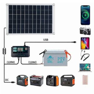 DSJ 100W Solar Panel with Dc 2 in 1 Line, Dual 12V/5V Dc USB Charger Kit with 10A Solar Controller for Outdoor Travel Camping