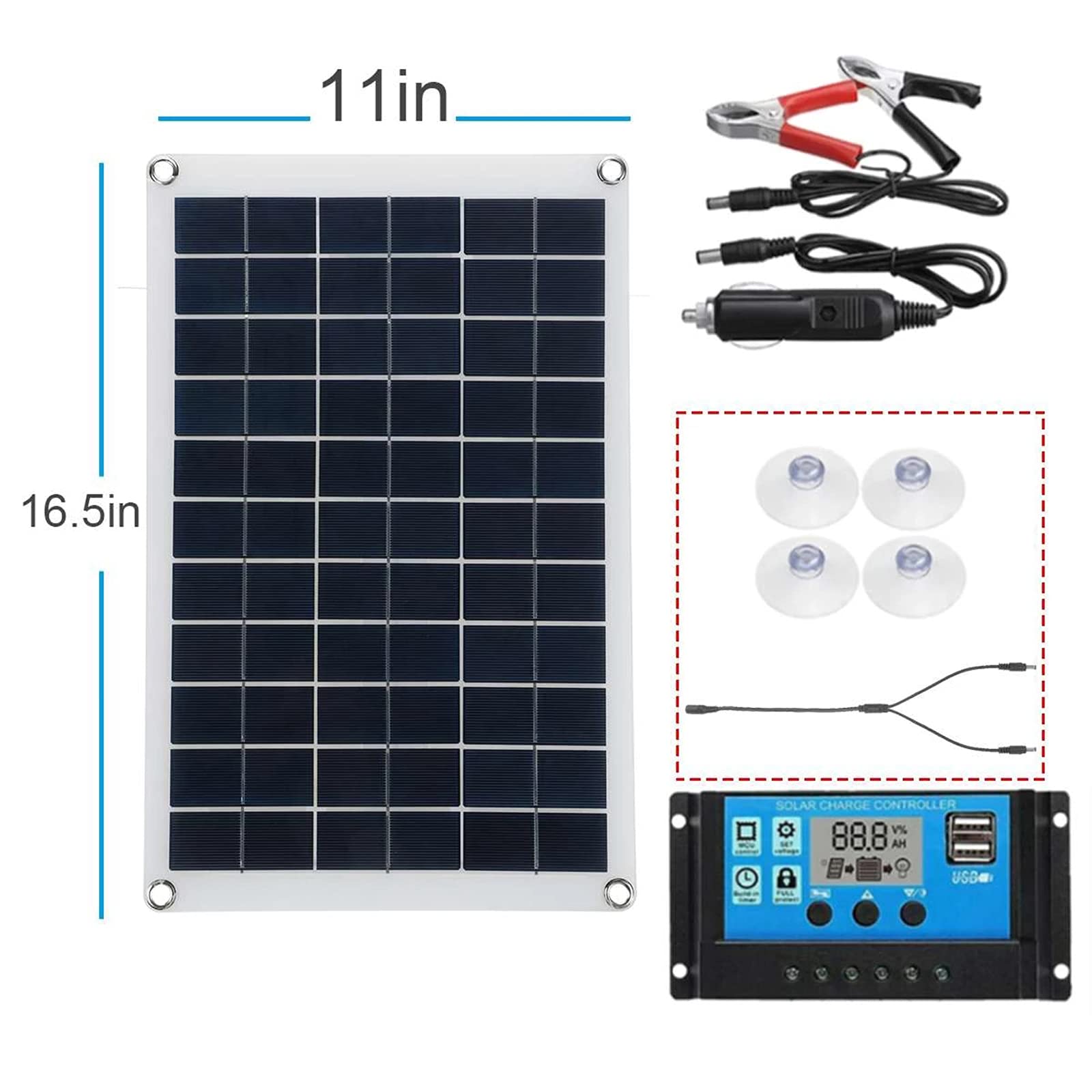 DSJ 100W Solar Panel with Dc 2 in 1 Line, Dual 12V/5V Dc USB Charger Kit with 10A Solar Controller for Outdoor Travel Camping