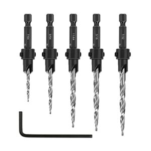 seonfook 5pcs countersink drill bit set 1/4" hex shank quick change screw drill counter sink bit 7/64", 9/64", 11/64", 3/16", 7/32" for woodworking