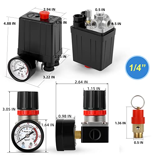 MEANLIN MEASURE Air Compressor Pressure Switch Control Valve 90-120 PSI 110V-240V 4-way Replacement Parts With 0-180 Psi Air Compressor Regulator and Safety Pressure Relief Valve