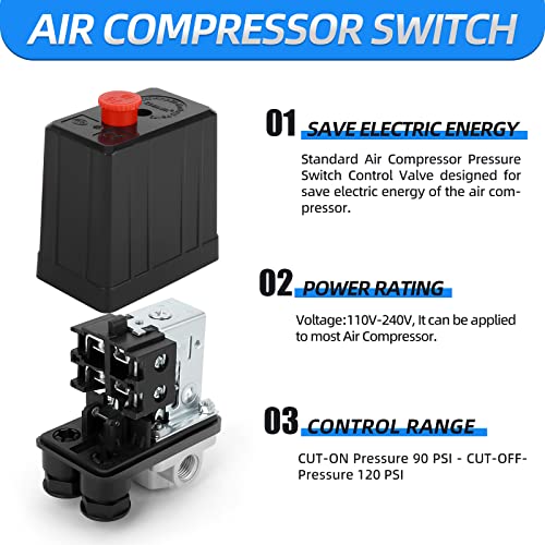 MEANLIN MEASURE Air Compressor Pressure Switch Control Valve 90-120 PSI 110V-240V 4-way Replacement Parts With 0-180 Psi Air Compressor Regulator and Safety Pressure Relief Valve