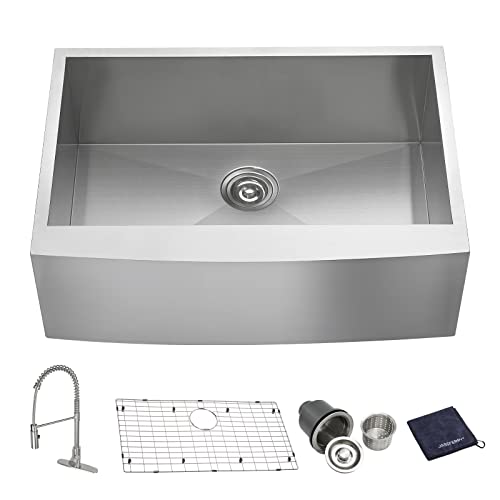 JASSFERRY Farmhouse Apron-Front Kitchen Sink Pull-Down Kitchen Faucet Combo 16-gauge Stainless Steel 30-inch Rounded Curved Undermount Sink