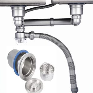 htdak kitchen dual sink installation plumbing, expandable sink drain kit, universal kitchen drain kit, 3-1/2''sink expandable drain, silver, 13.78×13.78×5.90