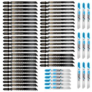 60pcs jigsaw blades set, contractor assorted t shank jig saw blades, multi-purpose hcs/hss saw blades for cutting wood, plastic, pvc and metal (t144d, t244d, t111c, t118a, each 15pieces)