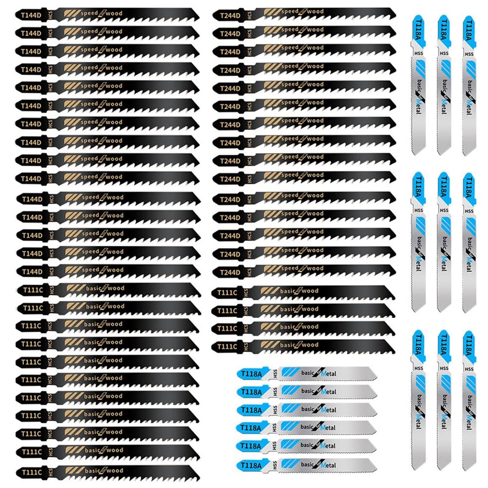 60Pcs Jigsaw Blades Set, Contractor Assorted T Shank Jig Saw Blades, Multi-Purpose HCS/HSS Saw Blades for Cutting Wood, Plastic, PVC and Metal (T144D, T244D, T111C, T118A, Each 15pieces)