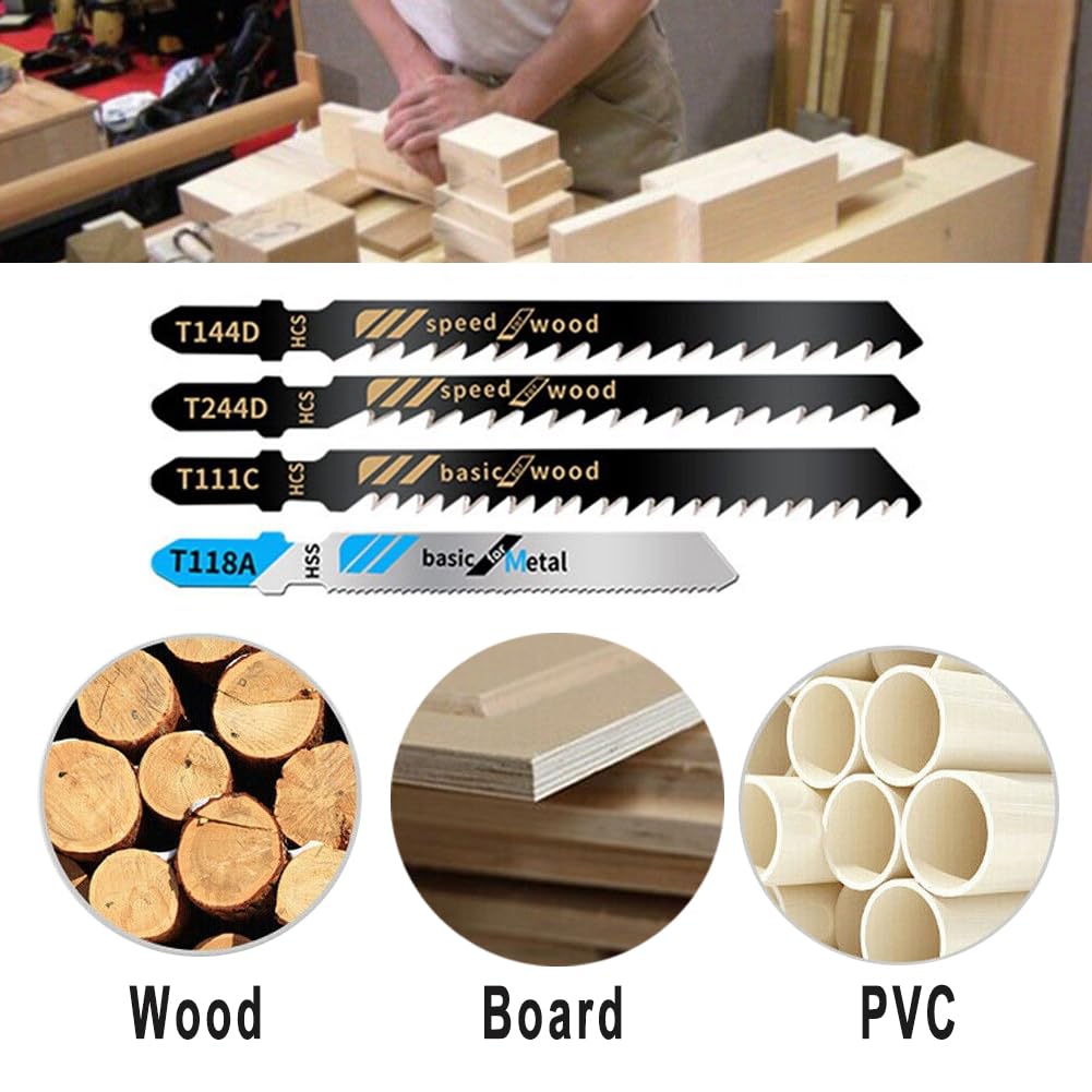 60Pcs Jigsaw Blades Set, Contractor Assorted T Shank Jig Saw Blades, Multi-Purpose HCS/HSS Saw Blades for Cutting Wood, Plastic, PVC and Metal (T144D, T244D, T111C, T118A, Each 15pieces)