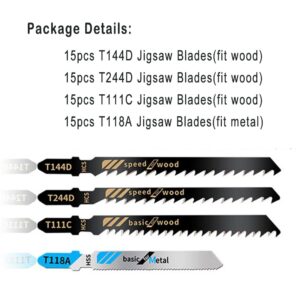 60Pcs Jigsaw Blades Set, Contractor Assorted T Shank Jig Saw Blades, Multi-Purpose HCS/HSS Saw Blades for Cutting Wood, Plastic, PVC and Metal (T144D, T244D, T111C, T118A, Each 15pieces)