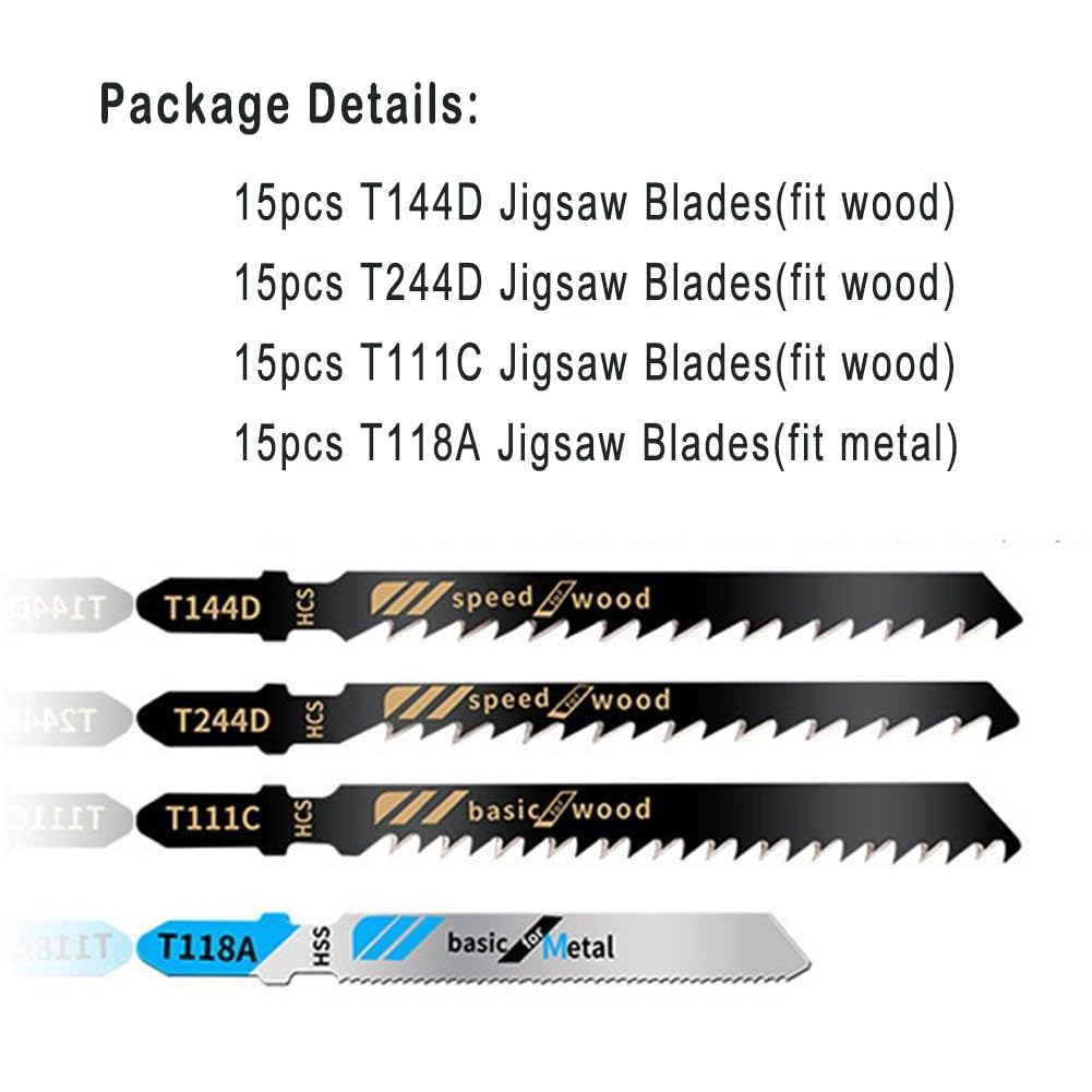 60Pcs Jigsaw Blades Set, Contractor Assorted T Shank Jig Saw Blades, Multi-Purpose HCS/HSS Saw Blades for Cutting Wood, Plastic, PVC and Metal (T144D, T244D, T111C, T118A, Each 15pieces)