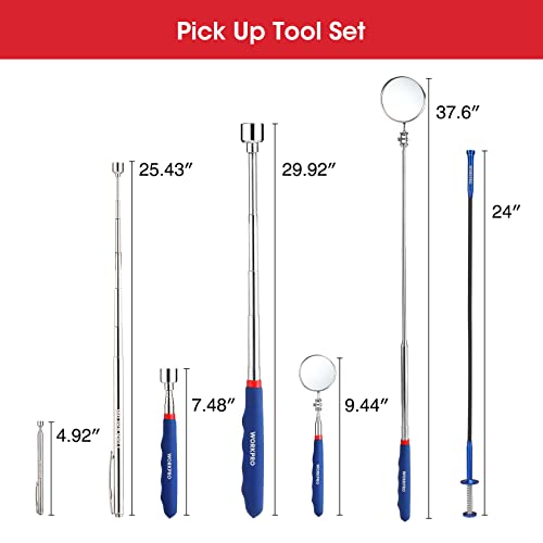 WORKPRO 4PC Telescoping Magnetic Pick Up Tool Kit, Includes Telescoping Inspection Mirror, 2PC Magnetic Pick Up Tool And Four Claw Grabber Tool, Pick Up Grab Tool Set For Auto Repair