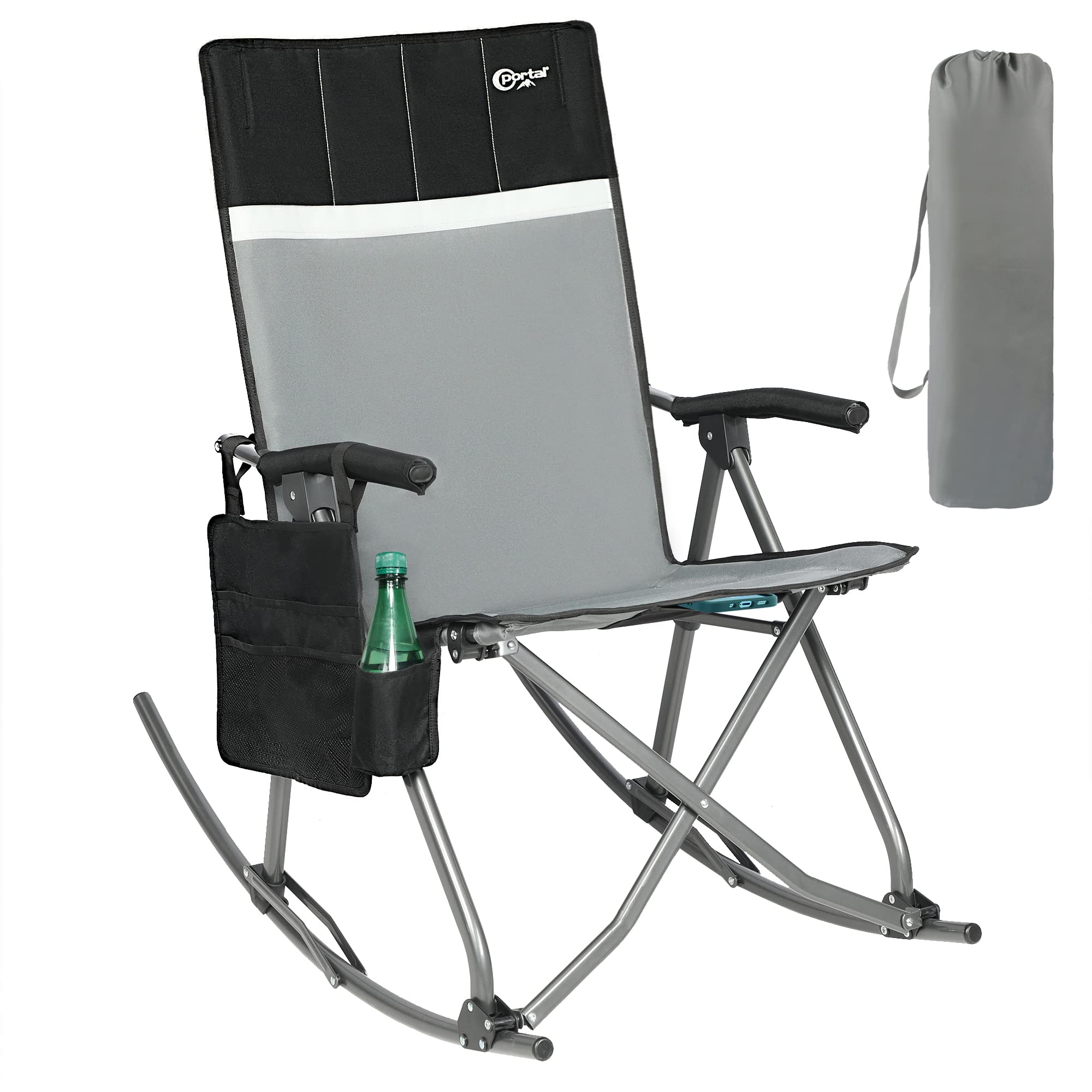 PORTAL Oversized Folding Rocking Camping Chair Portable Outdoor Rocker with High Back Hard Armrests Carry Bag, Supports 300 lbs, Padded Back, Grey