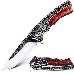 vividstill pocket knife, spring assisted folding knife with 3d retro embossed pattern, great gift edc knife for men outdoor camping hunting knife