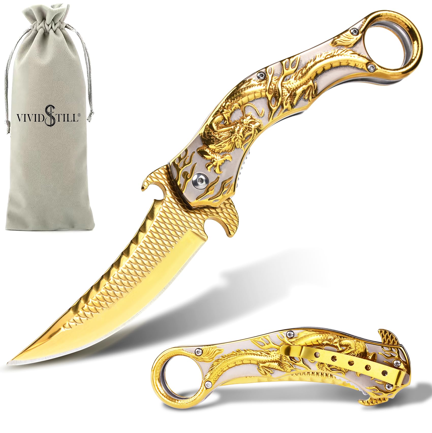 Pocket Knife for Men, Cool Folding Knife With 3D Golden Dragon Relief, Great Gift Edc Knife For Men Outdoor Survival Camping Hiking Hunting