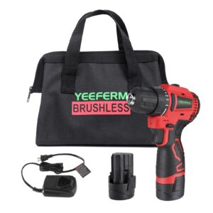 small cordless drill - yeeferm 12v brushless power driver with 2 batteries and charger - electric drill 350in-lbs torque,3/8" keyless chuck,2 variable speed,lightweight for drilling wood walls metal