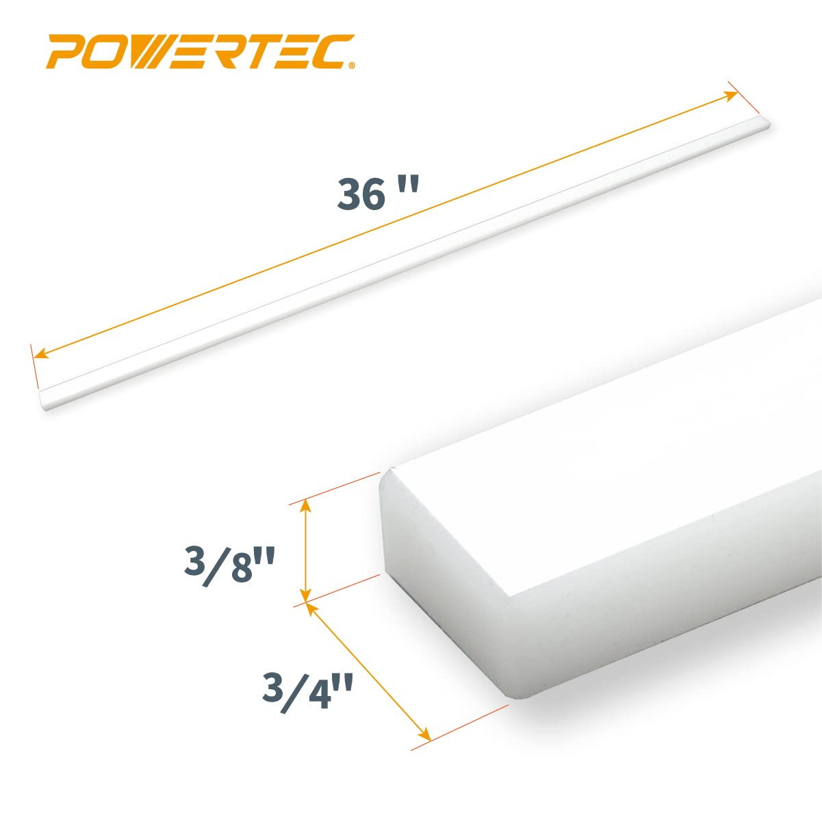 POWERTEC 71636 HDPE Miter Bar for Crosscut Sled, Table Saw Sled 3/4" x 3/8" x 36" For Jigs, Fixtures, Miter Slots, 2PK