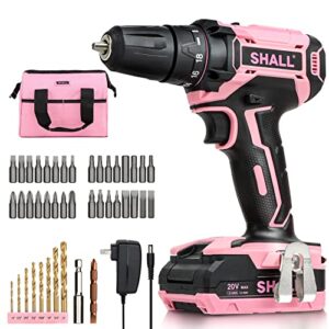 shall pink cordless drill driver 20v electric power drill screwdriver set with 2.0ah battery & fast charger for women, 3/8'' keyless chuck, variable speed, 18+1 position & 34pcs drill/driver bits