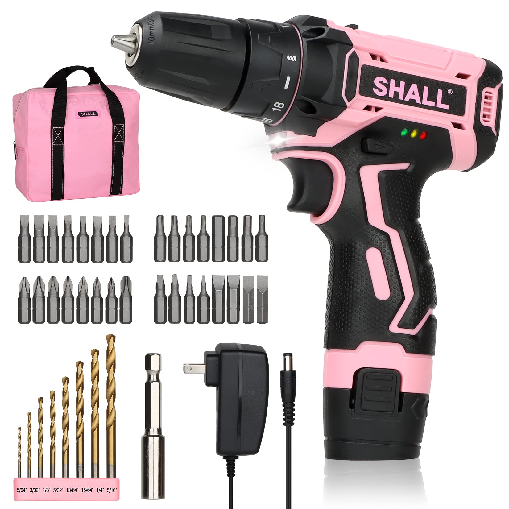 SHALL 43-Piece Pink Cordless Drill Set, 12V Electric Drill, 3/8" Keyless Chuck, 2Ah Li-ion Battery, 8 HSS Drill Bits & 32 Screwdriver Bits Included, for Drilling Wood/Metal, Women DIY Projects