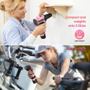 SHALL 43-Piece Pink Cordless Drill Set, 12V Electric Drill, 3/8" Keyless Chuck, 2Ah Li-ion Battery, 8 HSS Drill Bits & 32 Screwdriver Bits Included, for Drilling Wood/Metal, Women DIY Projects