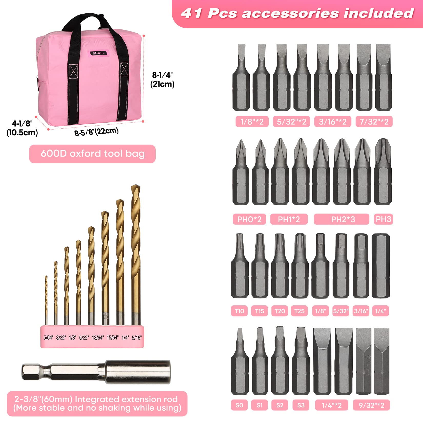 SHALL 43-Piece Pink Cordless Drill Set, 12V Electric Drill, 3/8" Keyless Chuck, 2Ah Li-ion Battery, 8 HSS Drill Bits & 32 Screwdriver Bits Included, for Drilling Wood/Metal, Women DIY Projects